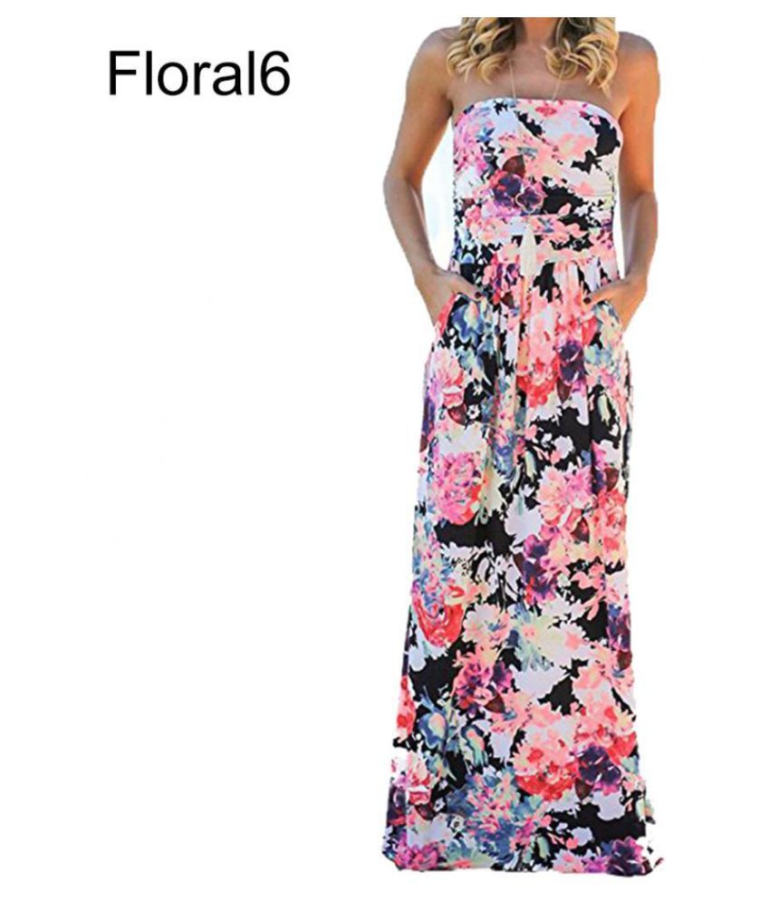 Women Sexy Strapless Backless Floral Printed Long Maix Dress Beach